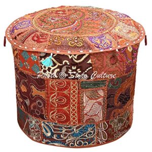 stylo culture indian pouffe ottoman cover round patchwork embroidered pouf brown cotton floral traditional furniture footstool seat puff (22x22x14) bean bag home decor