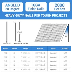 meite 16 Gauge Angled Finish Nails 1-1/4-Inch 20-Degree Galvanized Finishing Nails for Electric or Pneumatic Nailer Guns - Perfect for Window Trim, Cabinet Building and Other DIY Projects (2,000 PCS)