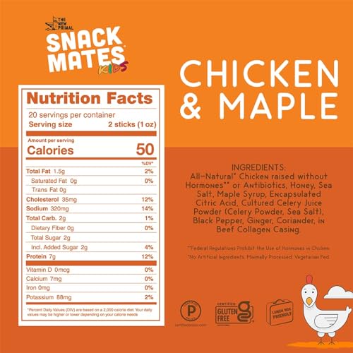 The New Primal Snack Mates Chicken & Maple Sticks, Gluten Free Healthy Snacks for Kids, Low Sugar High Protein Kids Snack for School, Mini Paleo Jerky Meat Stick, 7g Protein, 50 Calories, 40 Pack