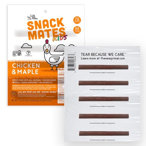 The New Primal Snack Mates Chicken & Maple Sticks, Gluten Free Healthy Snacks for Kids, Low Sugar High Protein Kids Snack for School, Mini Paleo Jerky Meat Stick, 7g Protein, 50 Calories, 40 Pack