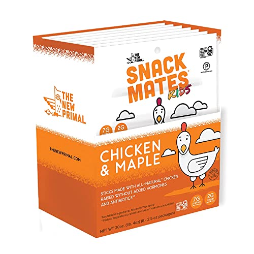 The New Primal Snack Mates Chicken & Maple Sticks, Gluten Free Healthy Snacks for Kids, Low Sugar High Protein Kids Snack for School, Mini Paleo Jerky Meat Stick, 7g Protein, 50 Calories, 40 Pack