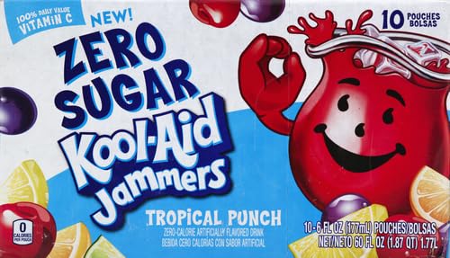 Kool-Aid Jammers Tropical Punch Zero Sugar Artificially Flavored Kids Soft Drink (10 ct Box, 6 fl oz Pouches)