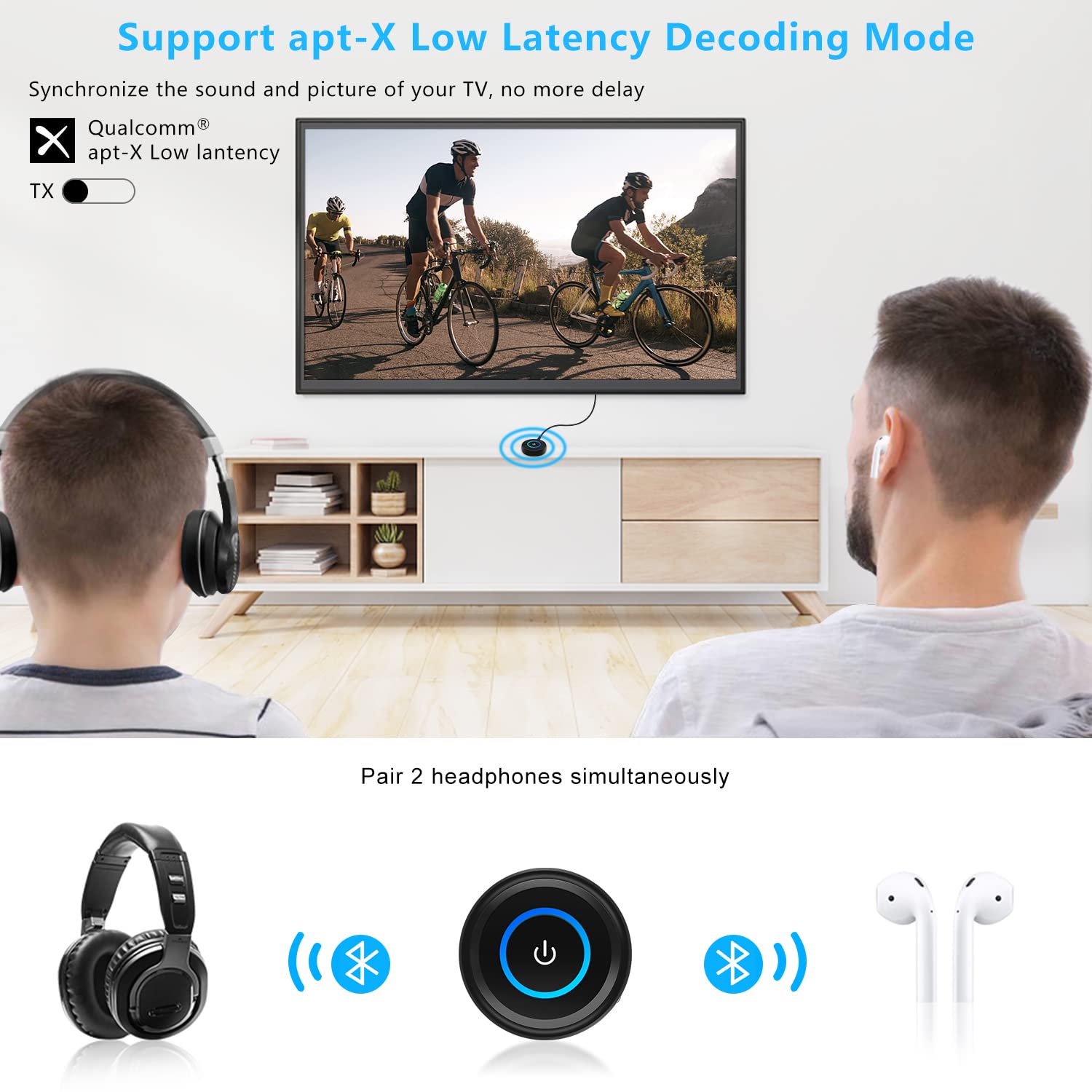 Frienicty Bluetooth 5.3 Transmitter Adapter for TV, 2-in-1 Wireless Audio Transmitter Receiver, Bluetooth AUX Adapter for Airplane Headphones PC Speaker Home Stereo, No Audio Delay, Pair Two at Once