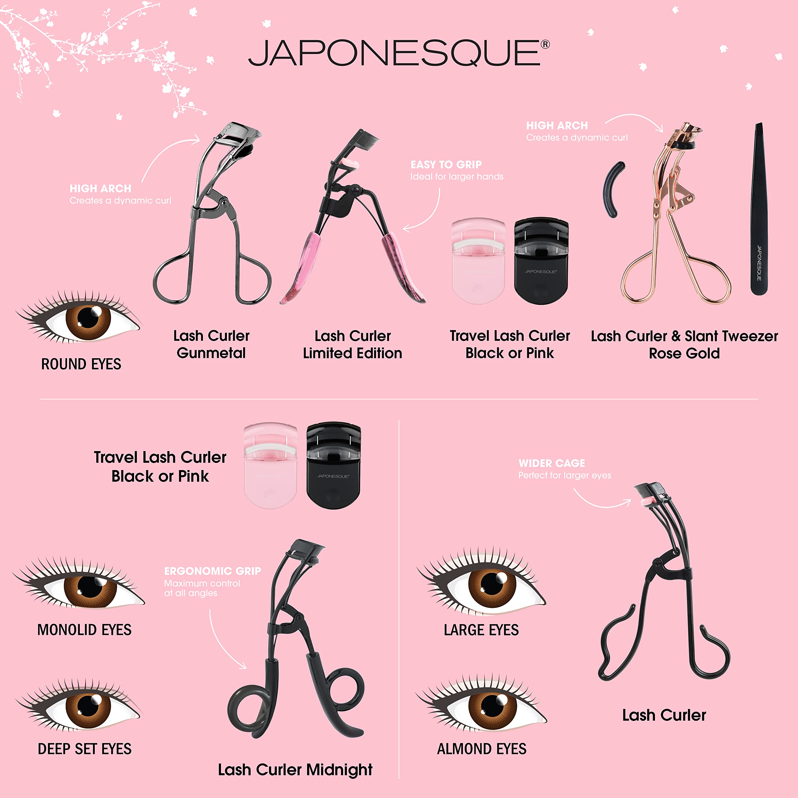 JAPONESQUE Midnight Lash Curler with Natural Arch for Sweeping Volume on Natural or False Lashes, Holds Curl for up to 8 Hours, Includes 1 Refill Pad