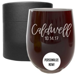 personalized etched monogram 17oz stemless wine glass - wine gifts for women, customized engraved wedding gifts, unique mother's day gift, bridesmaid, customizable birthday wine tumbler, caldwell