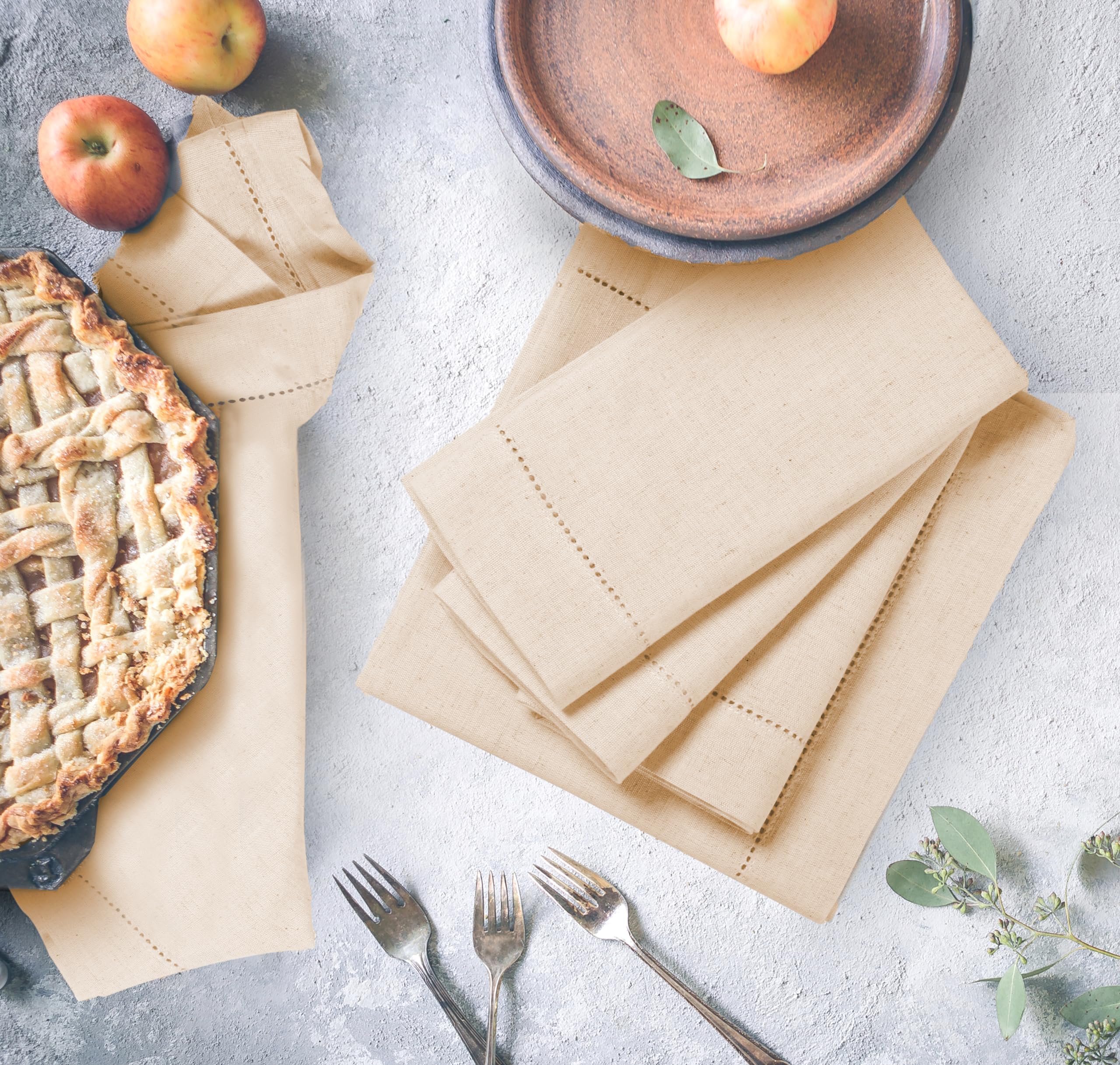 Linen Hemstitched Cloth Napkins, Set of 12 - Natural Flax, Washable Dinner Napkins