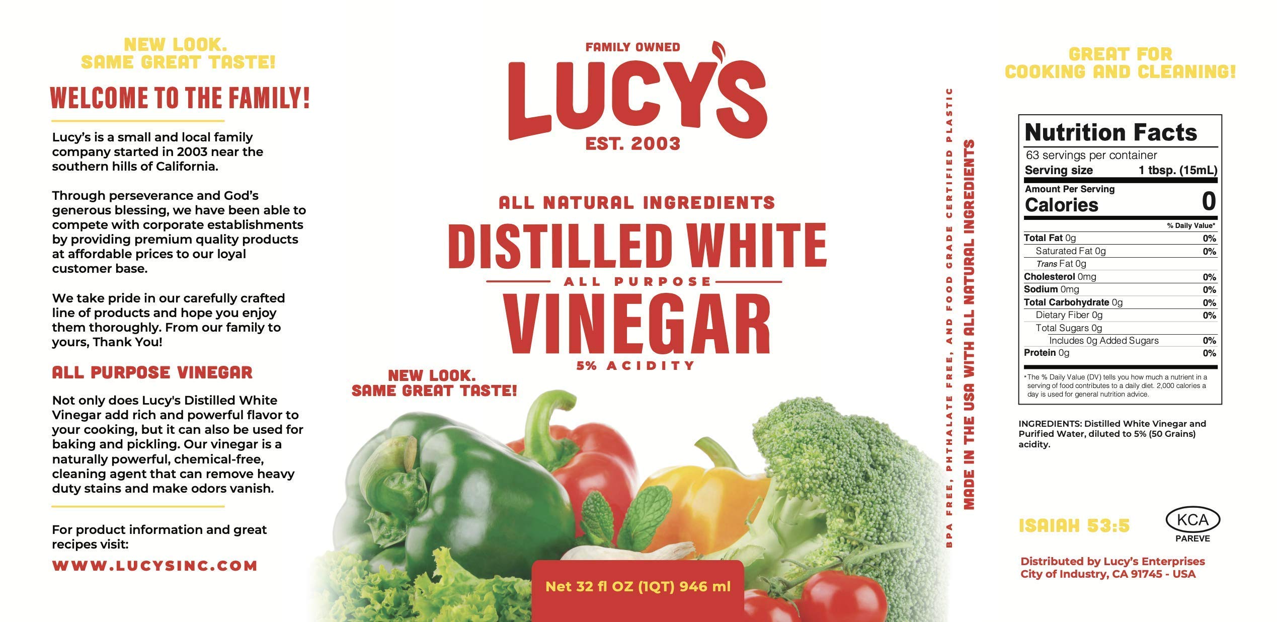 Lucy's Family Owned - Natural Distilled White Vinegar, 32 oz. bottle (Pack of 2) - 5% Acidity