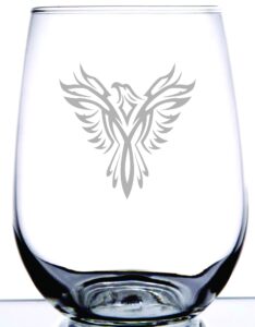 phoenix bird stemless wine glass | permanently laser etched | 15 ounce