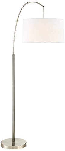 360 Lighting Cora Modern Arched Task Floor Lamp Standing 72" Tall Brushed Nickel Silver Off White Linen Fabric Drum Shade for Living Room Reading House Bedroom Home Decor