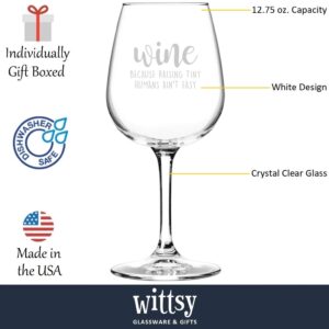 Raising Tiny Humans Funny Mom Wine Glass - Wine Gifts for Women, Wife, Mom - Unique Wife, Mom Gift from Husband, Him, Kids - Fun Gag Birthday Present Idea for New Mom, Mother, Daughter, Her