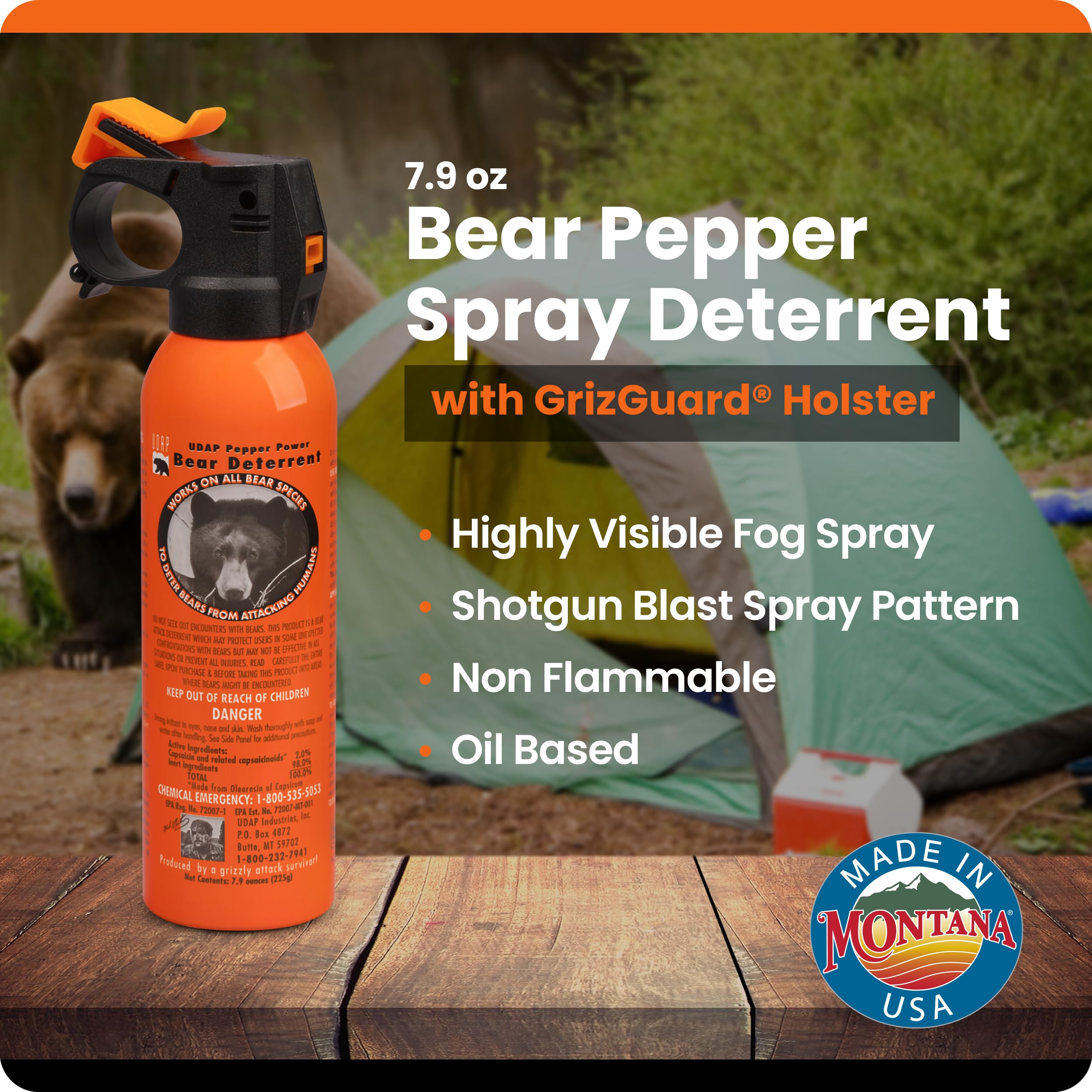 UDAP Pepper Power Bear Spray Self Defense Deterrent with Griz Guard Holster for Camping, Hiking, Fishing, Powerful Blast Pattern, 30 ft Fog Barrier, Safety Orange, SOG2, 7.9 oz, 2 Pack