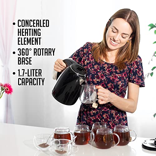 OVENTE Portable Electric Kettle Stainless Steel Instant Hot Water Boiler Heater 1.7 Liter 1100W Double Wall Insulated Fast Boiling with Automatic Shut Off for Coffee Tea & Cold Drinks, Black KD64B