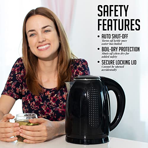 OVENTE Portable Electric Kettle Stainless Steel Instant Hot Water Boiler Heater 1.7 Liter 1100W Double Wall Insulated Fast Boiling with Automatic Shut Off for Coffee Tea & Cold Drinks, Black KD64B