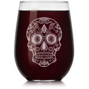 wine glass sugar candy skull (stemless, 17oz)