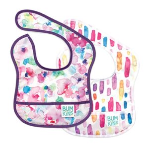 bumkins bibs, for baby girl or boy, infant 3-9 months, essential must have for eating, feeding, baby led weaning, mess saving waterproof soft fabric, starter bib 2-pk watercolors and brushstrokes