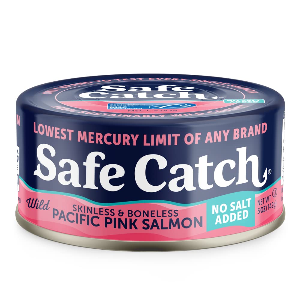 Safe Catch Wild Pacific Pink Salmon Canned Wild-Caught No Salt Added Skinless Boneless Salmon Fish Mercury Tested Kosher, 6 Pack Can Salmon 5oz