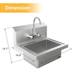 Bonnlo Commercial Sink Hand Washing Basin Stainless Steel Hand Sink with Hot&Cold Faucet, Wall Mount Utility Sink with Drainer Heavy Duty Hand Wash Sink for Commercial Restaurant Home Kitchen Workshop