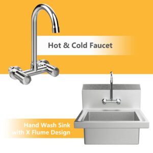 Bonnlo Commercial Sink Hand Washing Basin Stainless Steel Hand Sink with Hot&Cold Faucet, Wall Mount Utility Sink with Drainer Heavy Duty Hand Wash Sink for Commercial Restaurant Home Kitchen Workshop