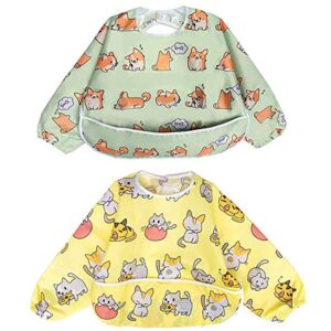 little dimsum full sleeved feeding bib 2 pack,baby & toddler waterproof bib apron,food protection large pocket eating smock 6-48 months (little puppy/little cat)