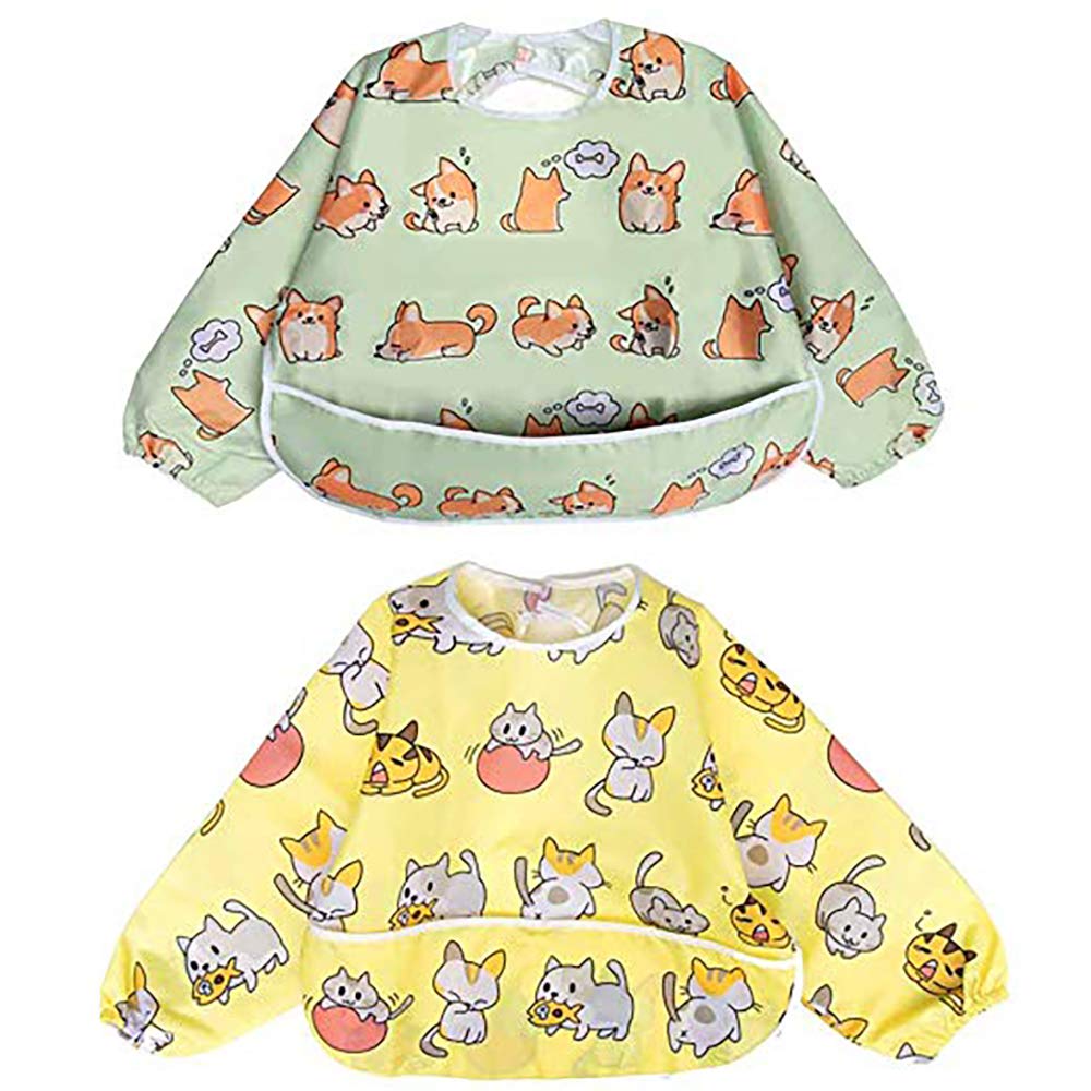 Little Dimsum Full Sleeved Feeding Bib 2 Pack,Baby & Toddler Waterproof Bib Apron,Food Protection Large Pocket Eating Smock 6-48 Months (Little Puppy/Little Cat)