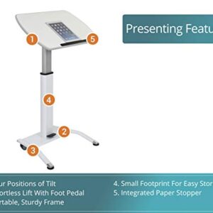 Stand Up Desk Store Pneumatic Adjustable Height Tilting Laptop Lectern Speakers Podium (White, 25.5" Wide)