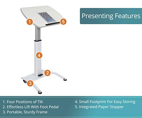 Stand Up Desk Store Pneumatic Adjustable Height Tilting Laptop Lectern Speakers Podium (White, 25.5" Wide)