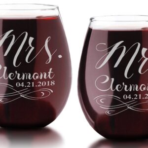 Infinity Set of 2 Mr Mrs Stemless Wine Engraved Glass Soon to Be Husband Wife Present Couples Newly Married Wedding Gift Bride Groom Drinkware Keepsake