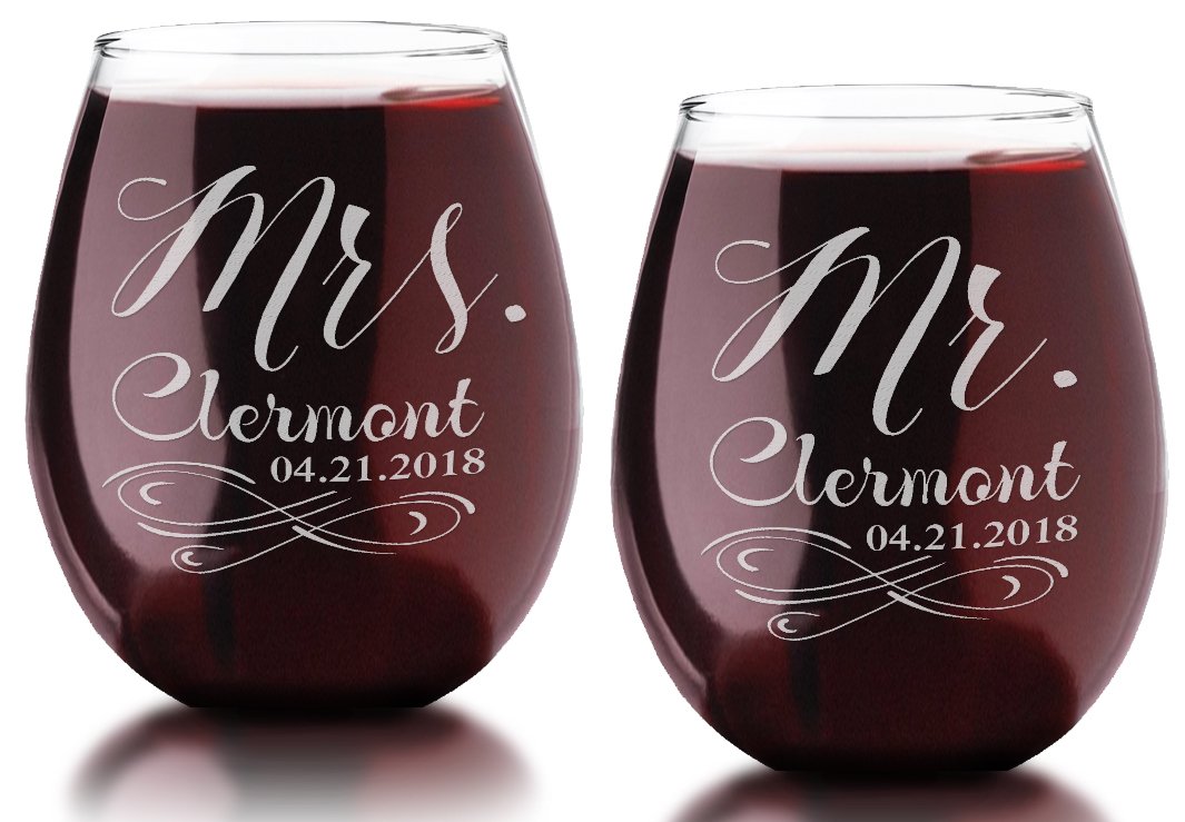 Infinity Set of 2 Mr Mrs Stemless Wine Engraved Glass Soon to Be Husband Wife Present Couples Newly Married Wedding Gift Bride Groom Drinkware Keepsake