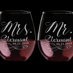 Infinity Set of 2 Mr Mrs Stemless Wine Engraved Glass Soon to Be Husband Wife Present Couples Newly Married Wedding Gift Bride Groom Drinkware Keepsake