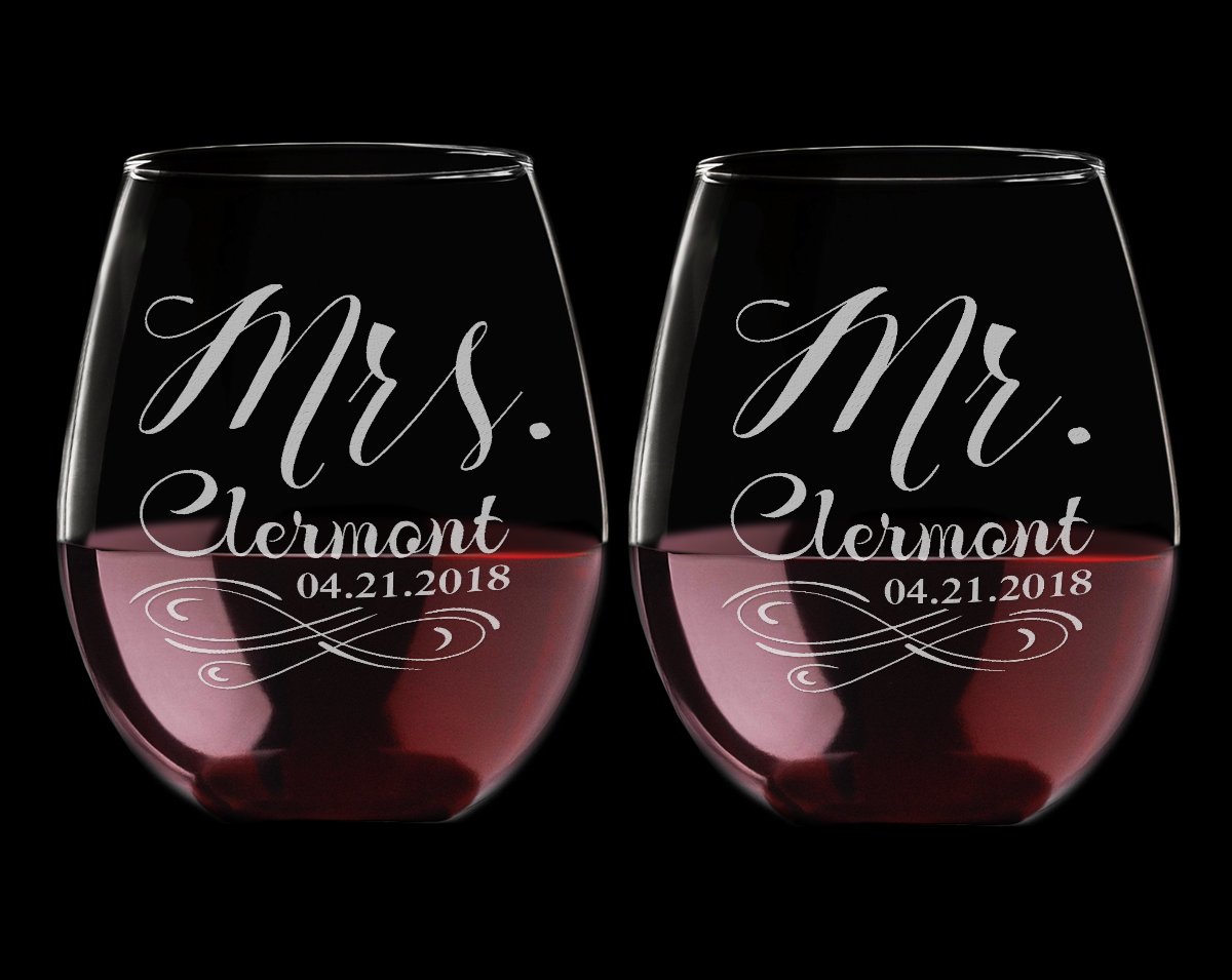 Infinity Set of 2 Mr Mrs Stemless Wine Engraved Glass Soon to Be Husband Wife Present Couples Newly Married Wedding Gift Bride Groom Drinkware Keepsake