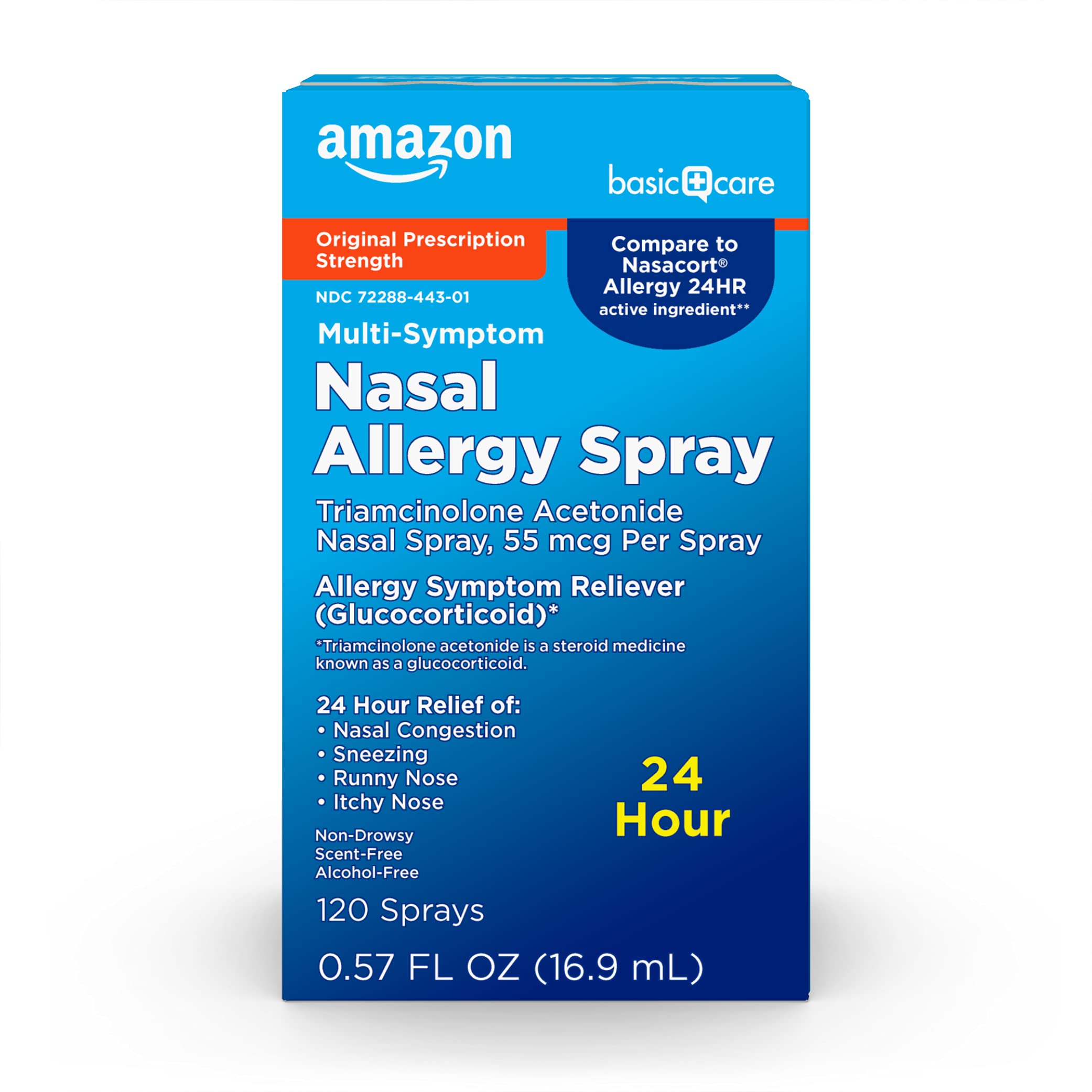 Amazon Basic Care 24 Hour Allergy Nasal Spray, Triamcinolone Acetonide 55 mcg per spray, Allergy Medicine, Non-Drowsy, 0.57 fl oz (Pack of 1)