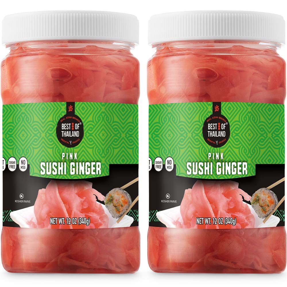 Best of Thailand Japanese Pink Pickled Sushi Ginger | No MSG | 2 Jars of 12oz Fresh Sliced Young Gari Pickled Ginger in Sweet Pickling Brine with Color | Fat-Free, Sugar-Free, Kosher