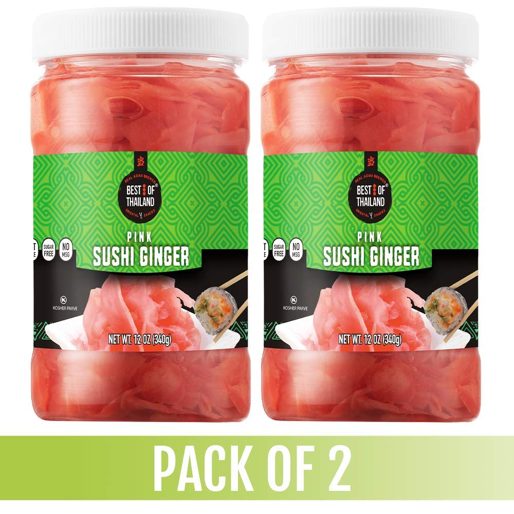 Best of Thailand Japanese Pink Pickled Sushi Ginger | No MSG | 2 Jars of 12oz Fresh Sliced Young Gari Pickled Ginger in Sweet Pickling Brine with Color | Fat-Free, Sugar-Free, Kosher