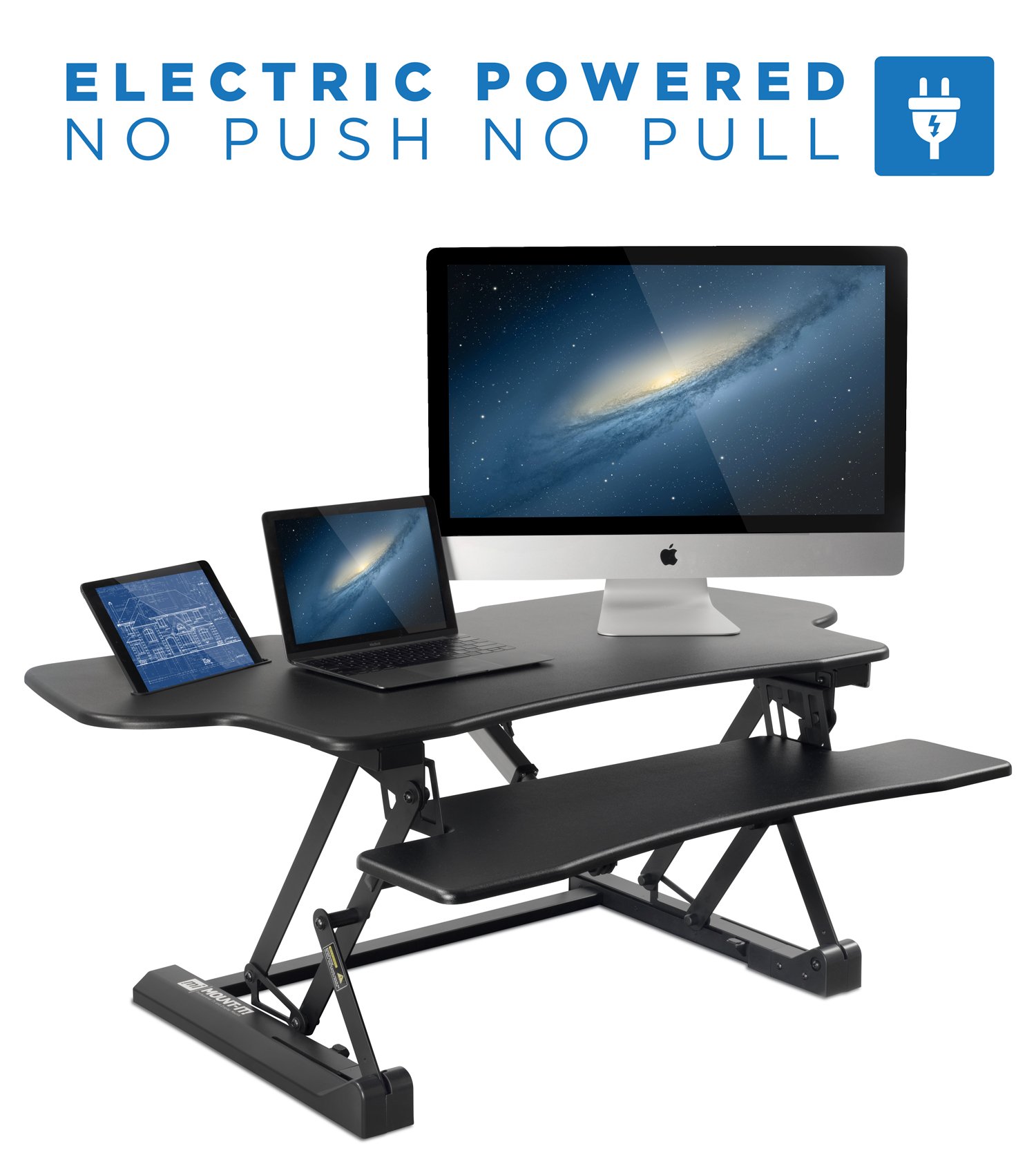 Mount-It! Electric Standing Desk Converter, 48 Inch Extra Wide Motorized Sit Stand Desk with Built in USB Port, Ergonomic Height Adjustable in Black (MI-7962)