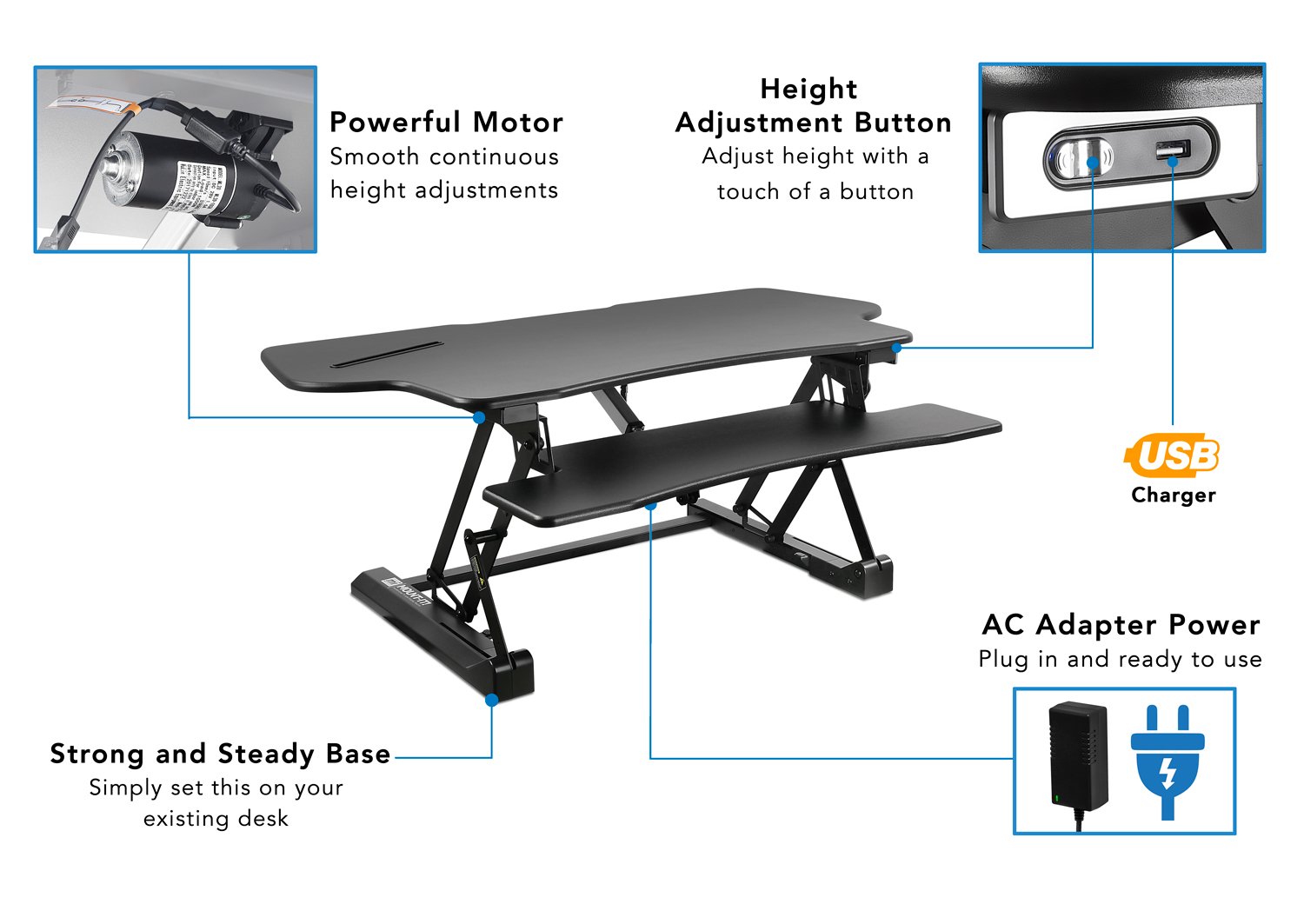 Mount-It! Electric Standing Desk Converter, 48 Inch Extra Wide Motorized Sit Stand Desk with Built in USB Port, Ergonomic Height Adjustable in Black (MI-7962)