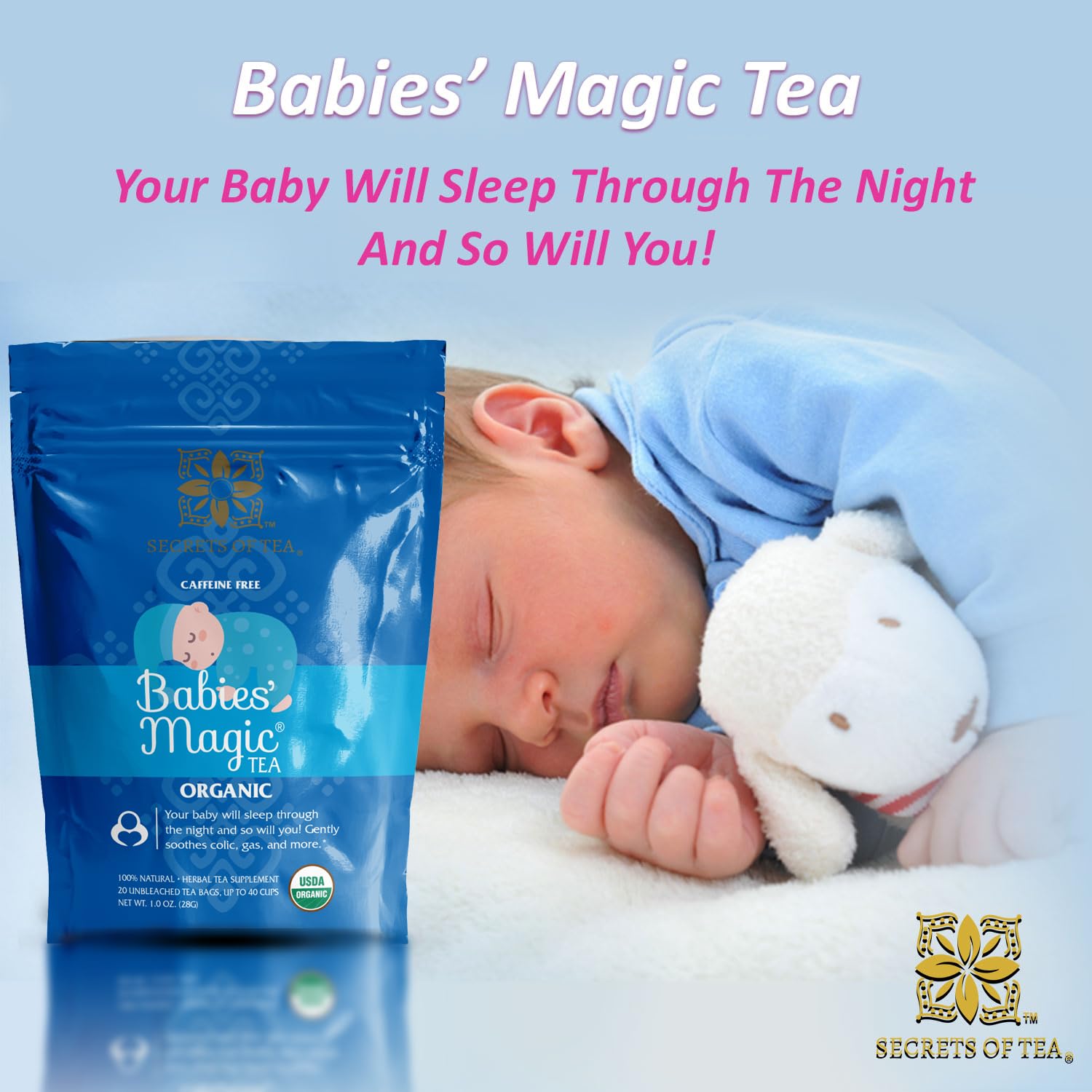 Secrets of Tea Baby Colic Babies' Magic Tea – Organic, Natural, Safe – Calming & Soothing Relief for Baby Acid Reflux, Gas, Colic – 40 Count(2 Pack)