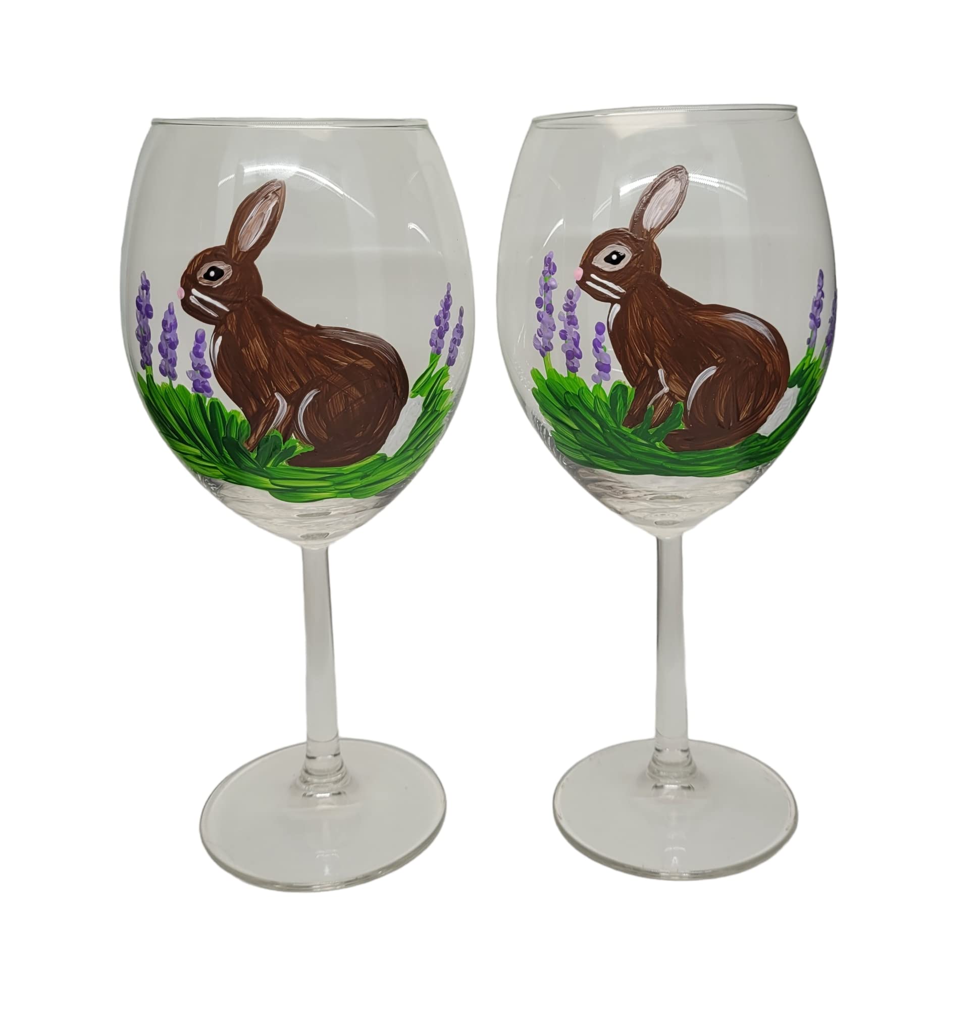 Bunny Rabbit Hand Painted Stemmed Wine Glasses Set of 2