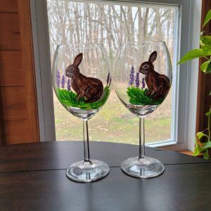 Bunny Rabbit Hand Painted Stemmed Wine Glasses Set of 2