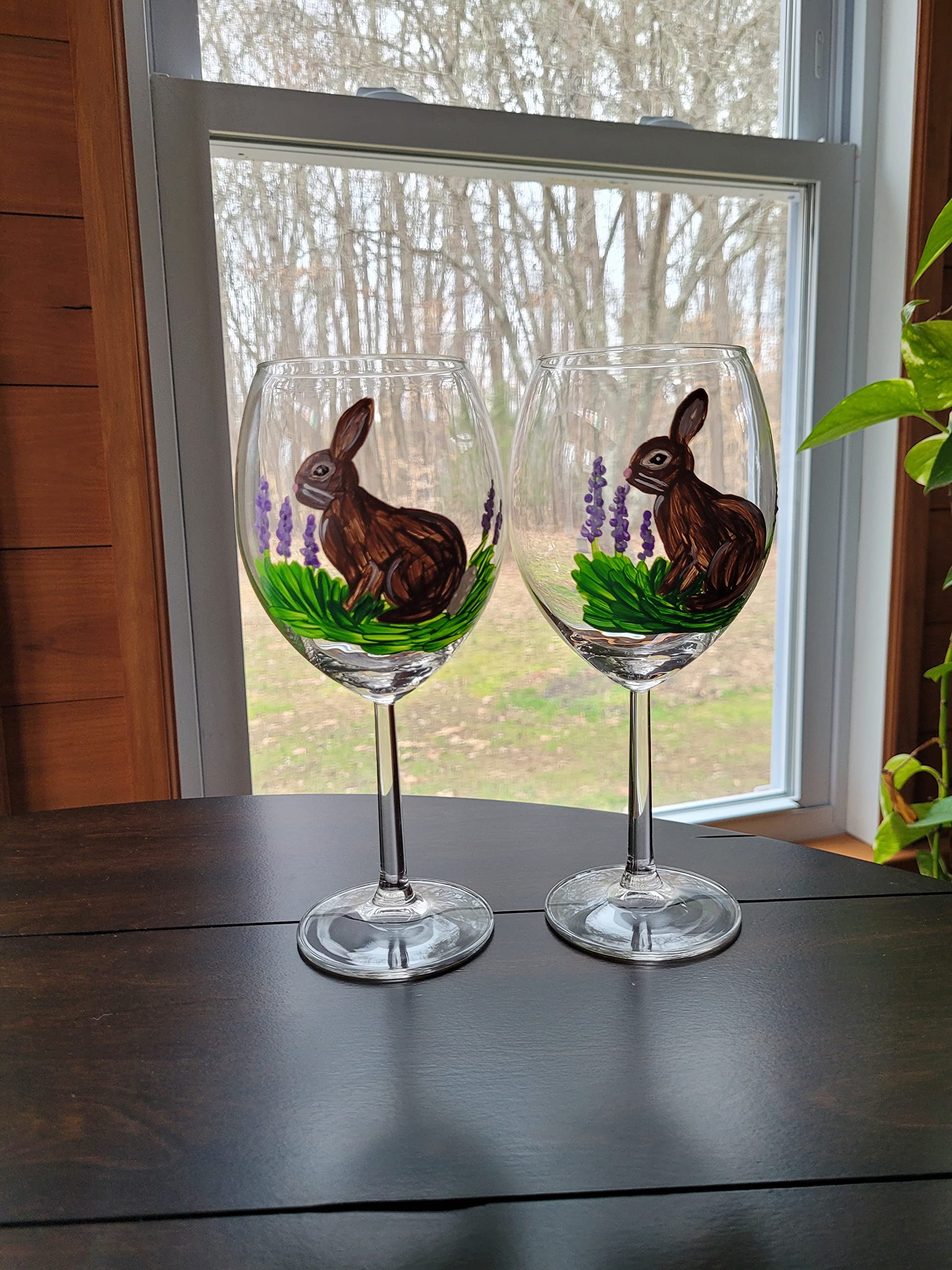 Bunny Rabbit Hand Painted Stemmed Wine Glasses Set of 2