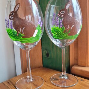 Bunny Rabbit Hand Painted Stemmed Wine Glasses Set of 2