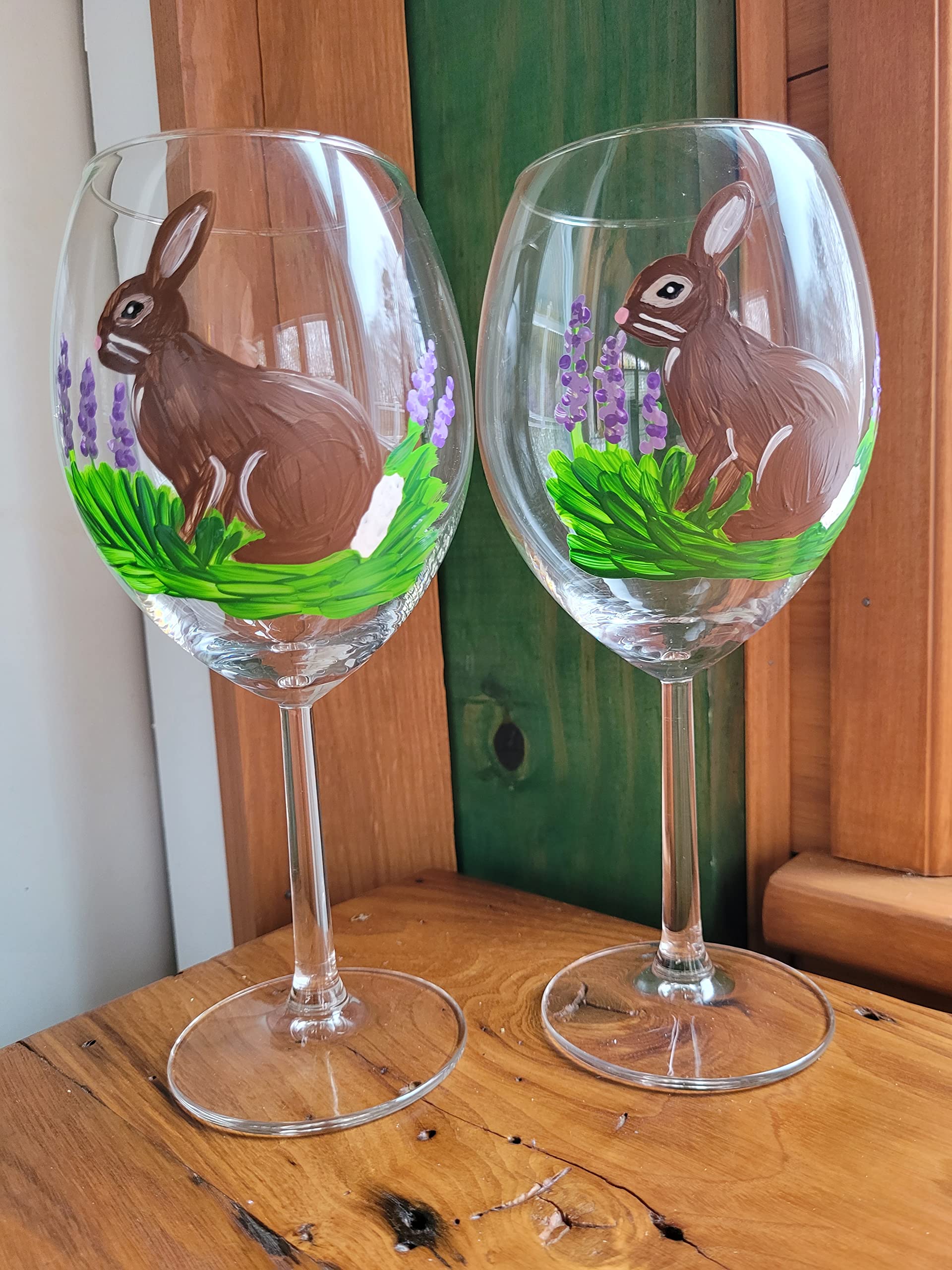 Bunny Rabbit Hand Painted Stemmed Wine Glasses Set of 2