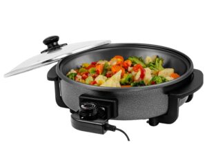 ovente electric skillet and frying pan, 12 inch round cooker with nonstick coating, 1400w power, adjustable temperature control, tempered glass lid with vent and cool touch handles, black sk11112b