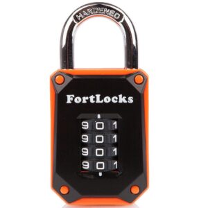 fortlocks gym locker lock - 4 digit, heavy duty, hardened stainless steel, weatherproof and outdoor combination padlock - easy to read numbers - resettable and cut proof combo code - 1 pack orange