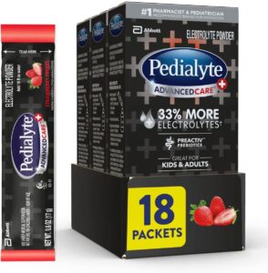 pedialyte advancedcare plus electrolyte powder, with 33% more electrolytes and preactiv prebiotics, strawberry freeze, electrolyte drink powder packets, 0.6 oz (18 count)