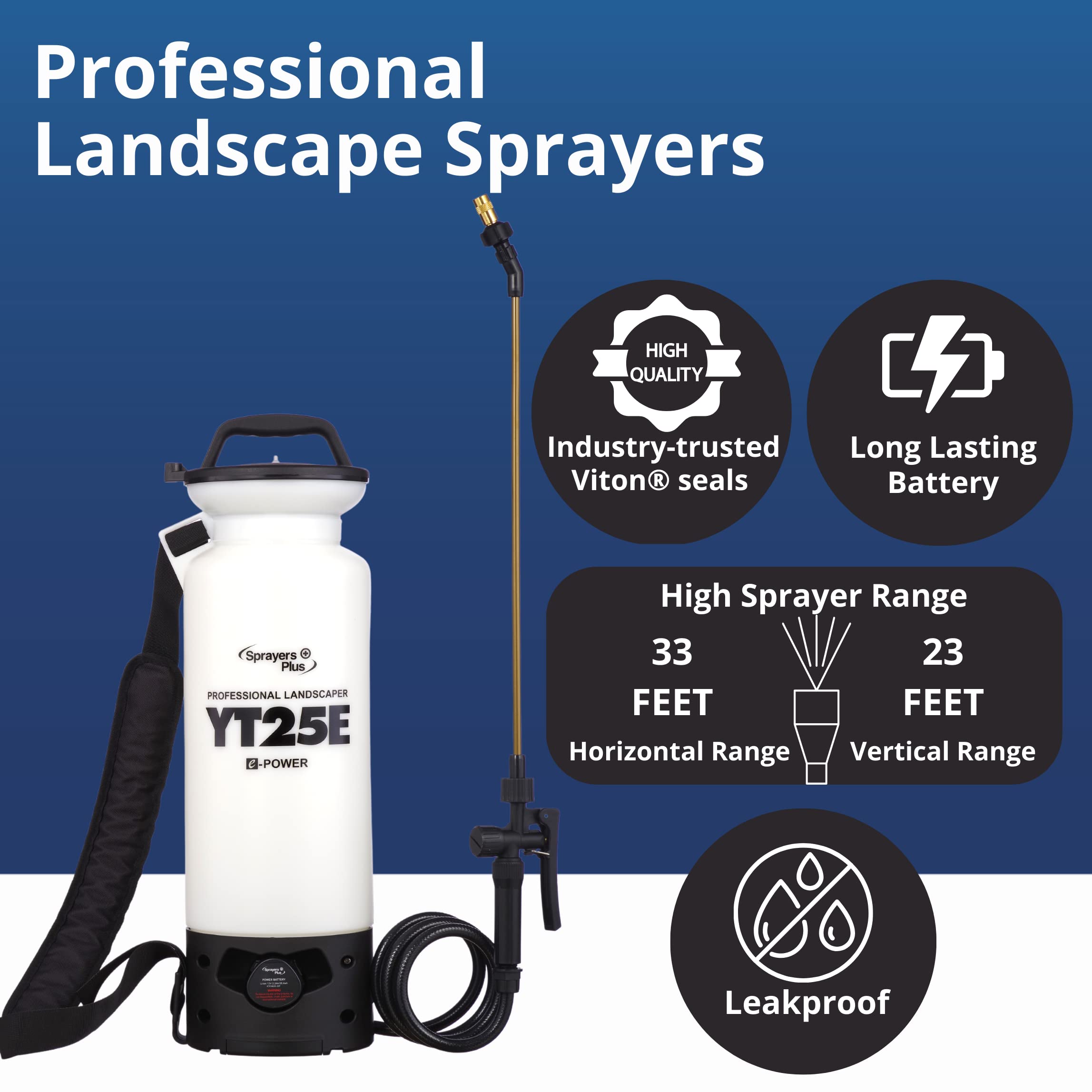 Sprayers Plus YT25E Battery Sprayer - 12V Lithium-ion with Viton Seals & O-Ring, Brass Wand & Nozzle & Shoulder Strap, 2 Gallon