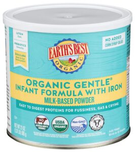 earth's best organic baby formula for babies 0-12 months, powdered milk-based gentle formula with iron and easy to digest proteins, 21 oz formula container