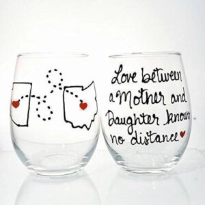 mother's day gifts for mom from daughter, love between mother and daughter knows no distance, mother daughter wine glass, all states and countries available