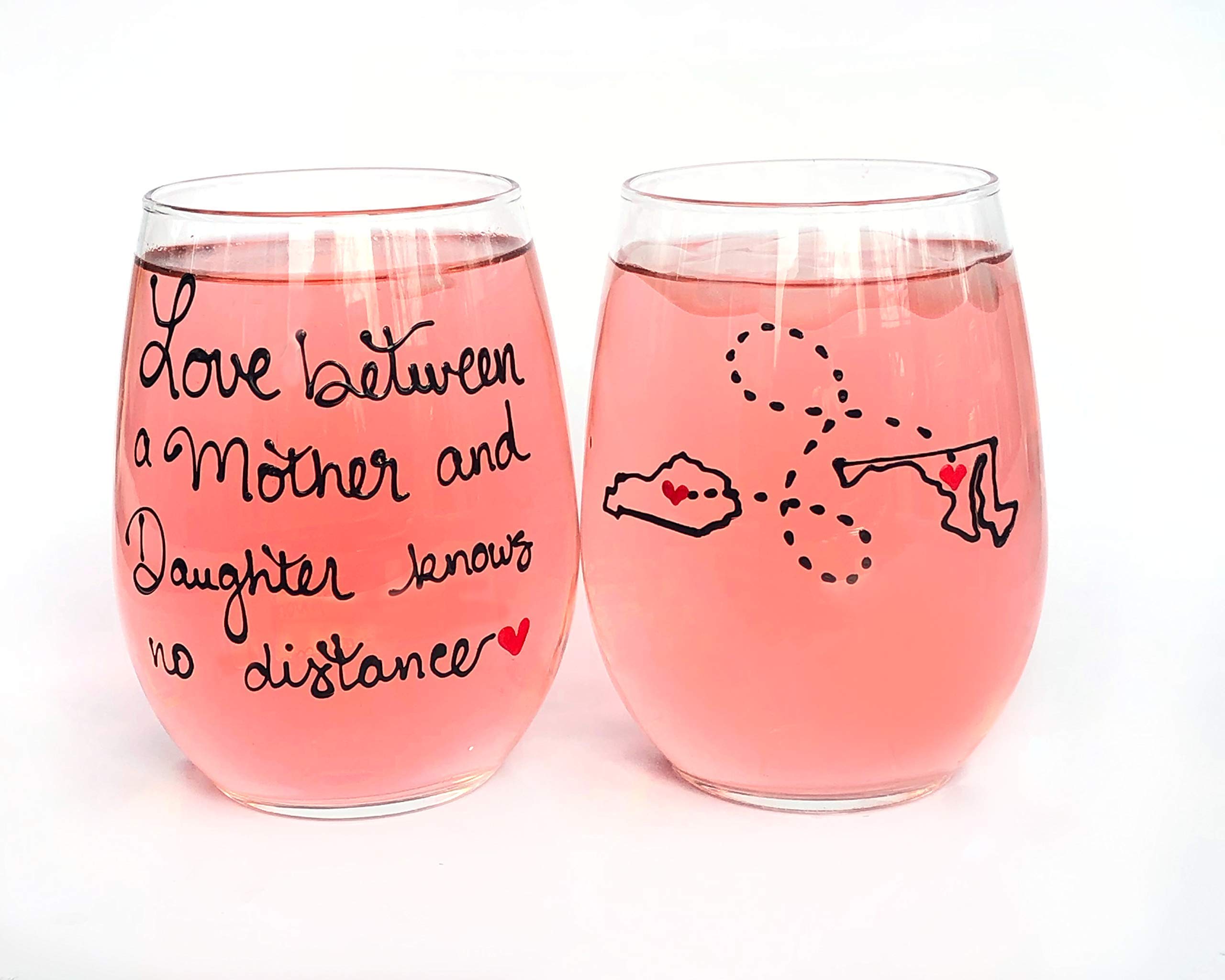 Mother's Day Gifts for Mom From Daughter, Love Between Mother and Daughter Knows no Distance, Mother Daughter Wine Glass, All States and Countries Available