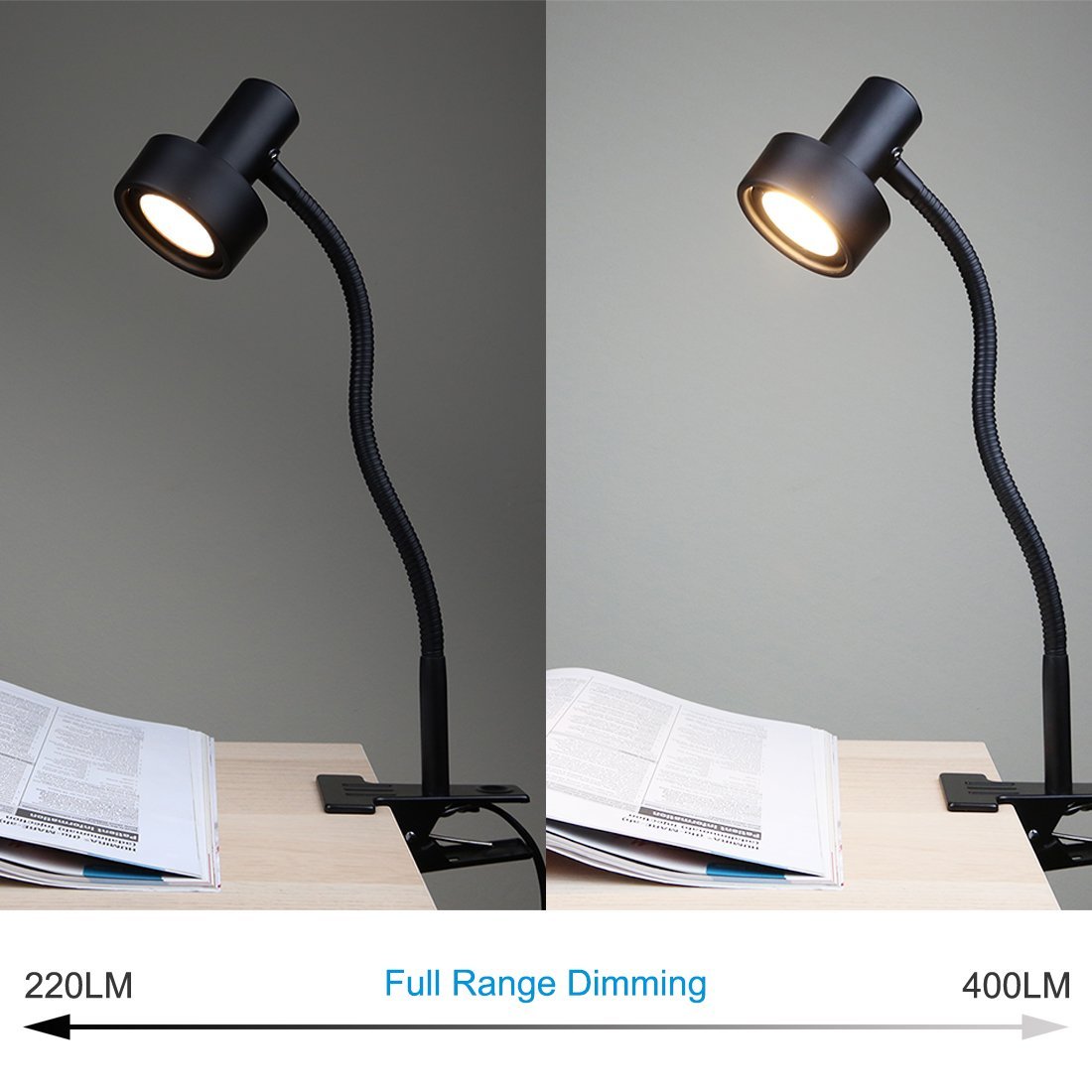 O’Bright LED Clip on Light for Bed Headboard/Desk, Dimmable LED Desk Lamp with Metal Clamp, 5W LED, Flexible Gooseneck, Adjustable Brightness for Eye-Care Reading, Vintage Design (Metal Black)