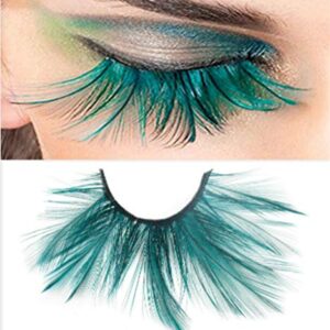 Dorisue Halloween eyelashes Double Lip Black with Green Big Extra Long Feather eyelashes Extra extension Halloween Green Feather Tip False Eyelashes Dance Halloween Costume